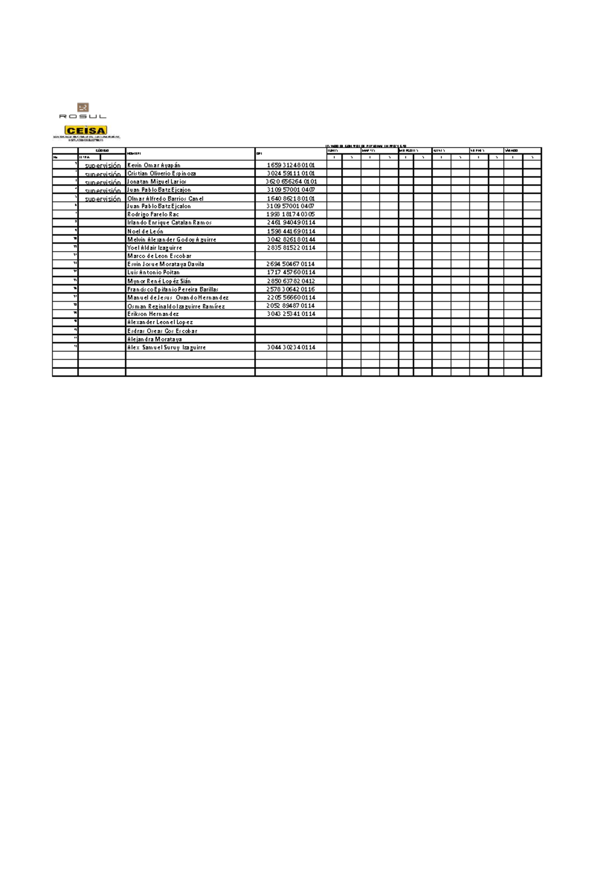 Listado de Control de Personal en Proyecto - LETRA 1 2 3 4 5 6 7 8 9 10 ...
