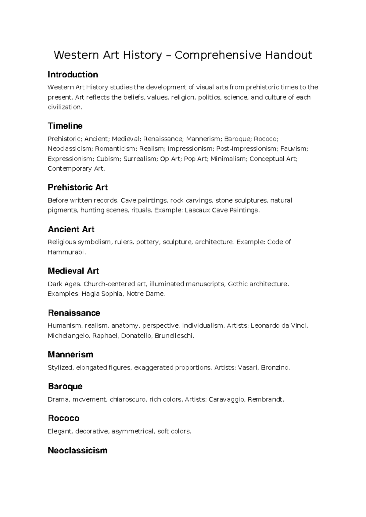 Western Art History (Course Code) Comprehensive Study Guide - Studocu