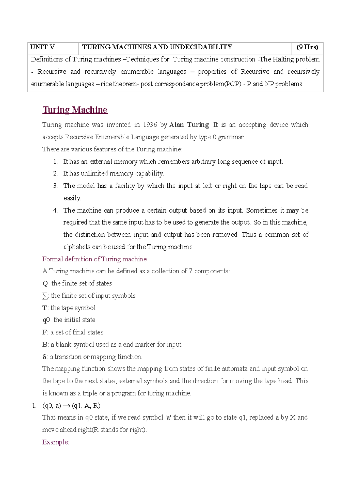UNIT V - Turing Machines & Undecidability Study Material - Studocu