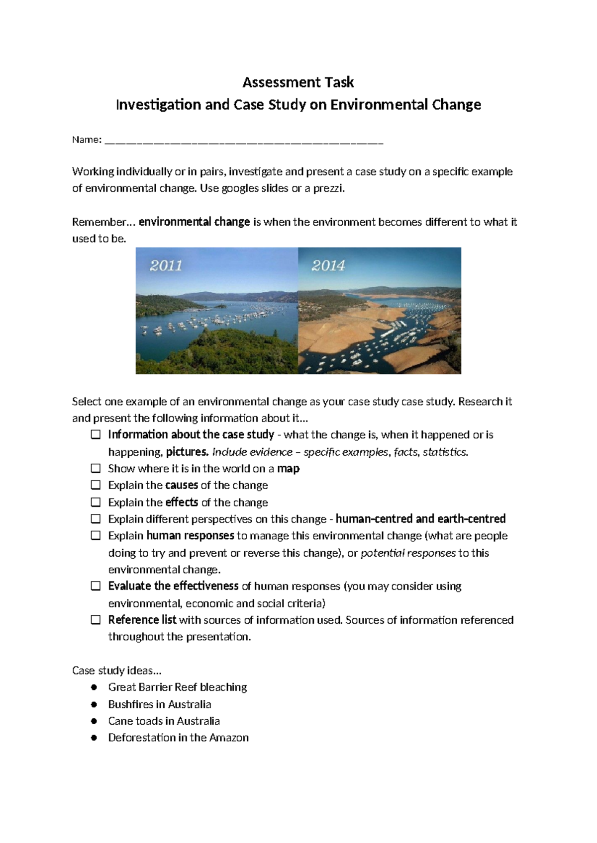 Year 10 Geography: Environmental Change Case Study Assessment Task 1 ...