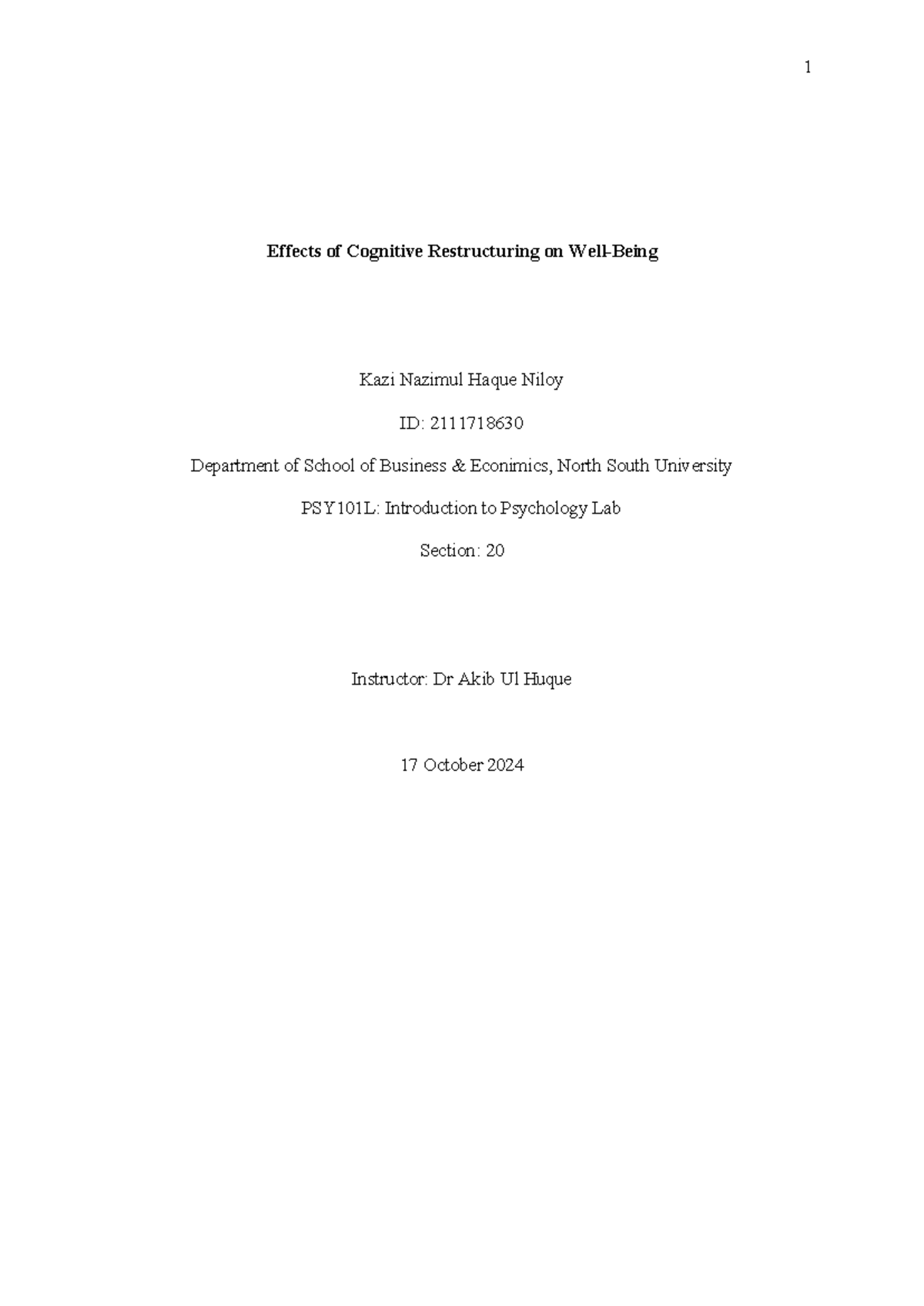 PSY101L Final Report: Effects of Cognitive Restructuring on Well-Being ...