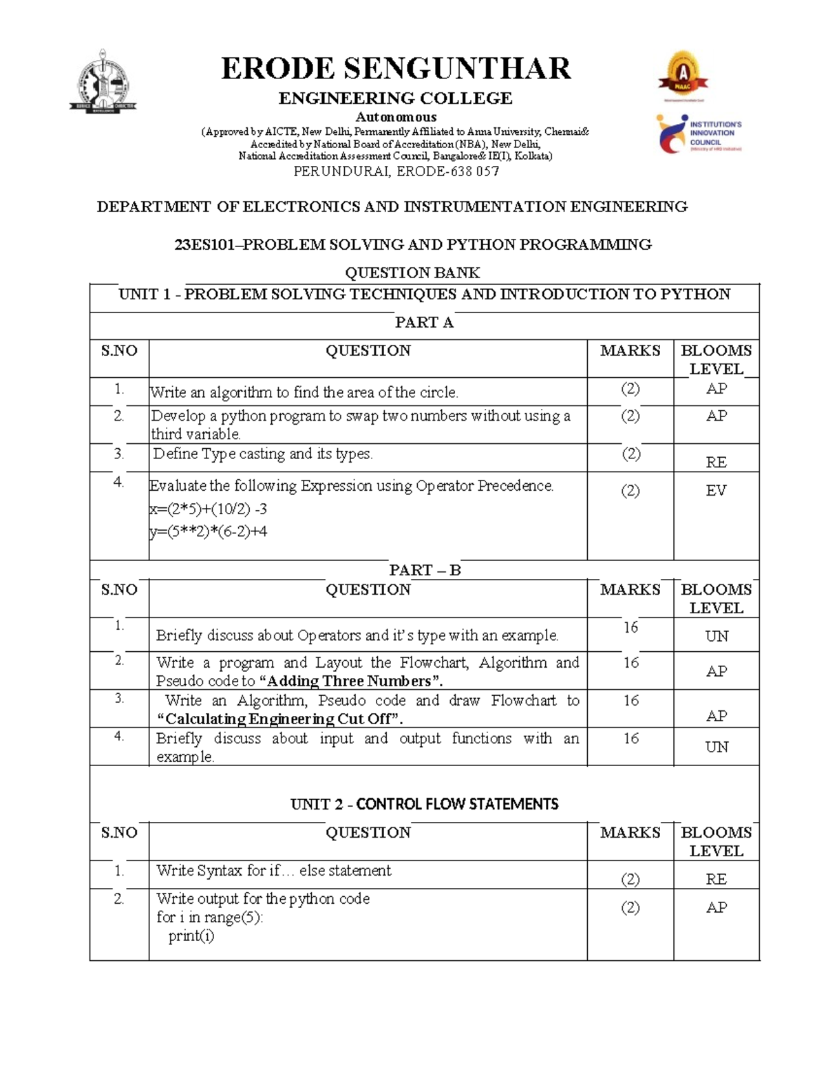 23ES101 - Problem Solving and Python Programming Question Bank - Studocu