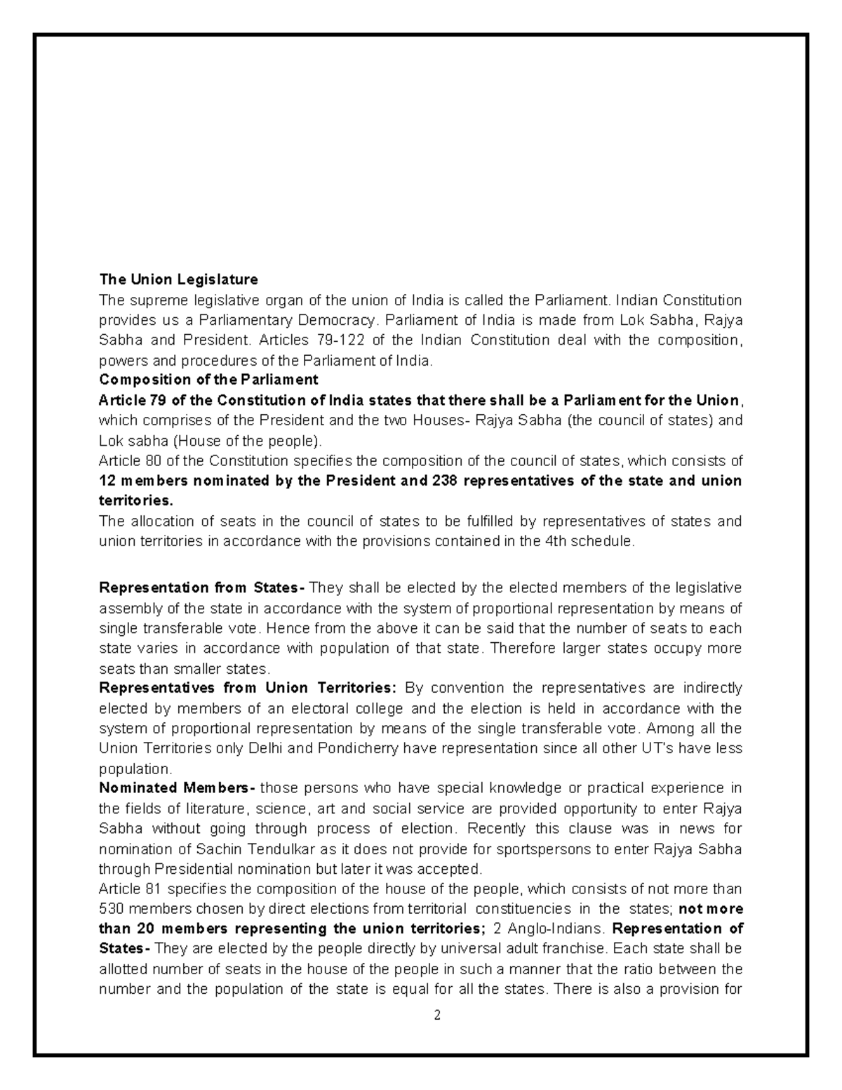 Union Legislature: Structure, Powers, and Functions of Indian ...