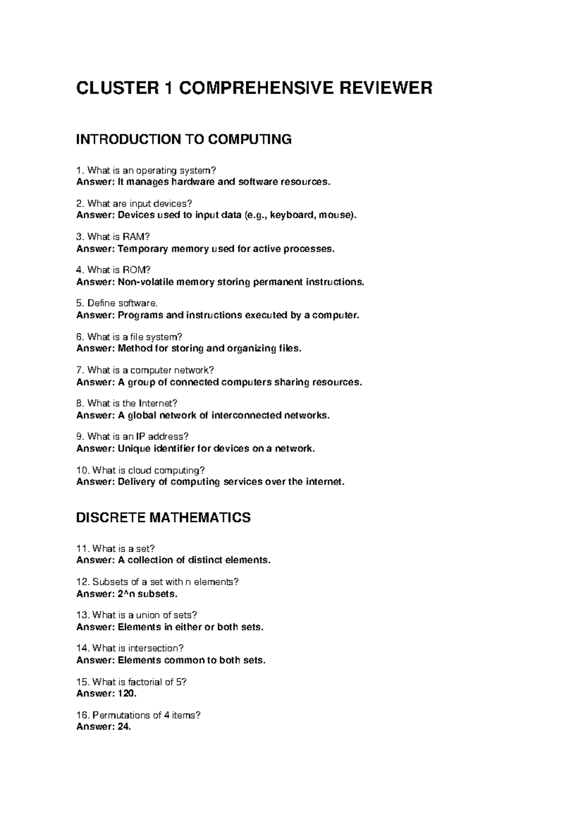 CLUSTER 1 FULL REVIEWER: INTRO TO COMPUTING & DISCRETE MATH - Studocu
