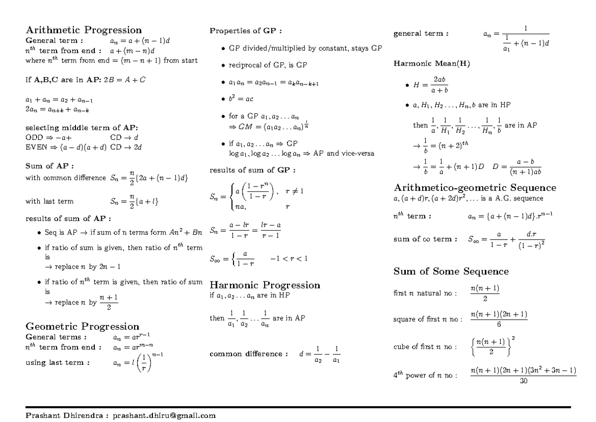 391331977 AP GP HP cheatsheet - Arithmetic Progression General term ...