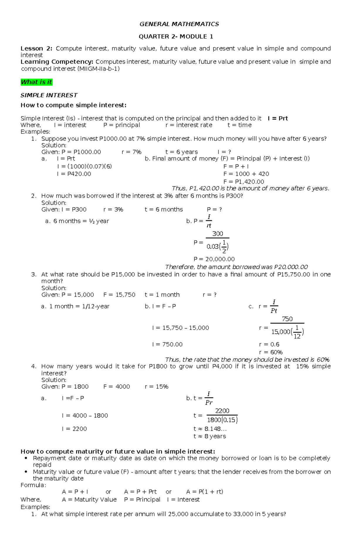 GEN MATH Q2-M1-L2 - Simple & Compound Interest Computation - Studocu
