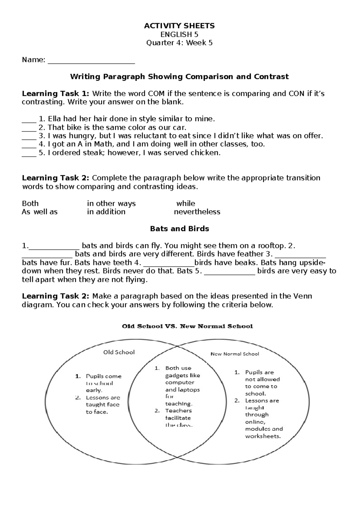 English 5 Activity Sheet: Comparison and Contrast Q4 W5 - Studocu