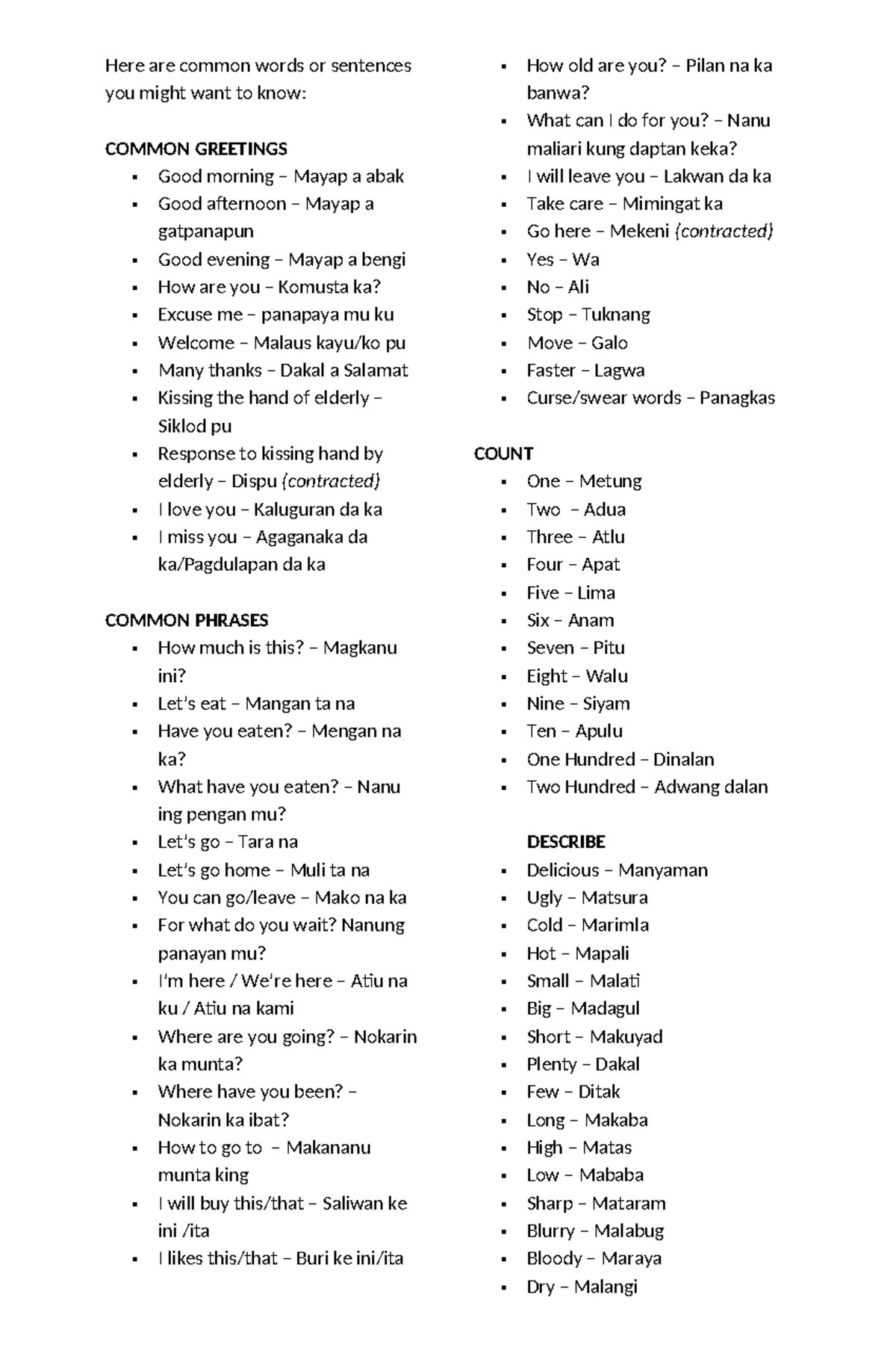 Kapampangan Language Basics: Common Words & Phrases (Part 1) - Studocu