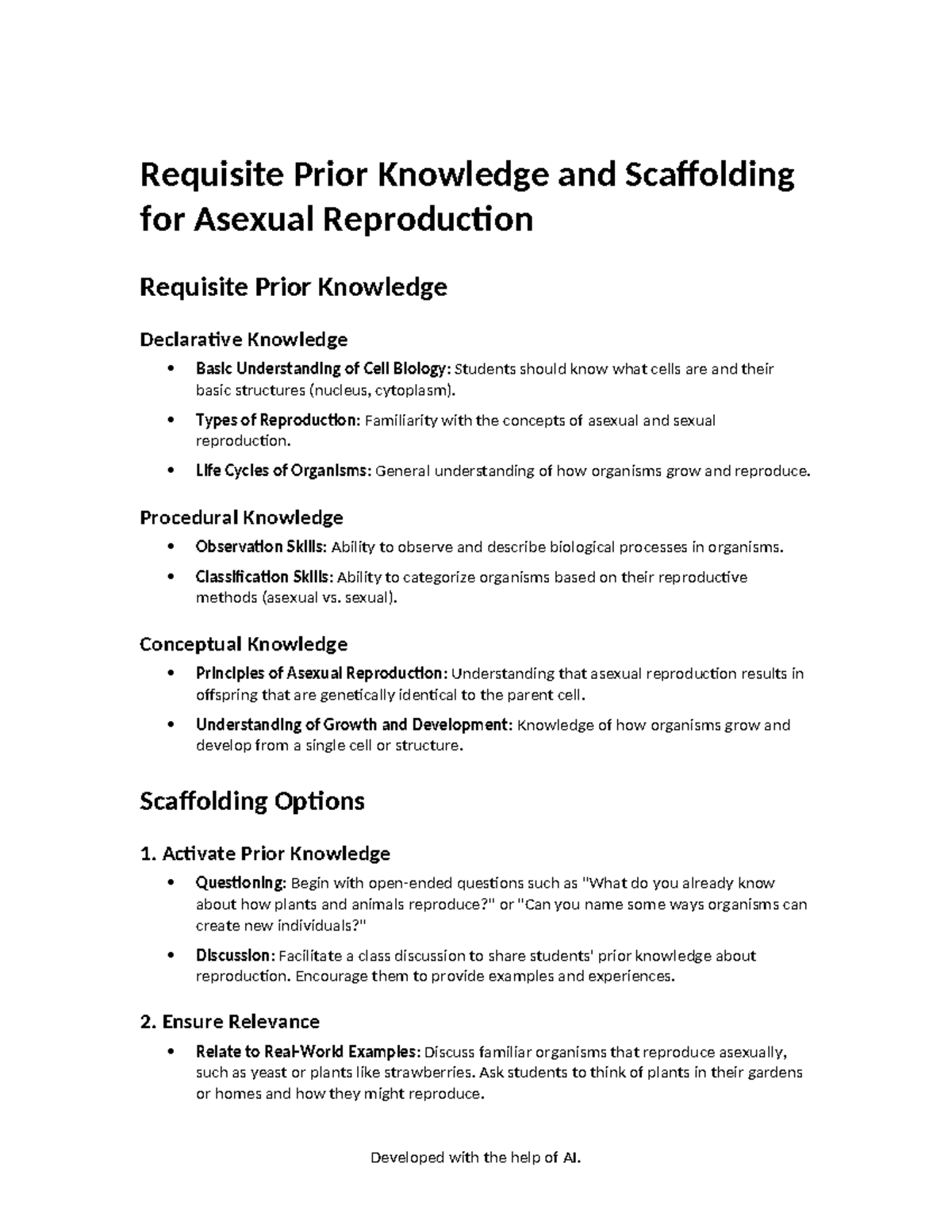 Asexual Reproduction Scaffolding Guide: Prior Knowledge Essentials ...