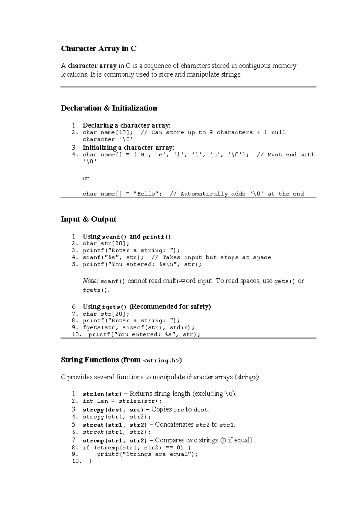 Character Array in C - It is commonly used to store and manipulate strings. Declaration & - Studocu