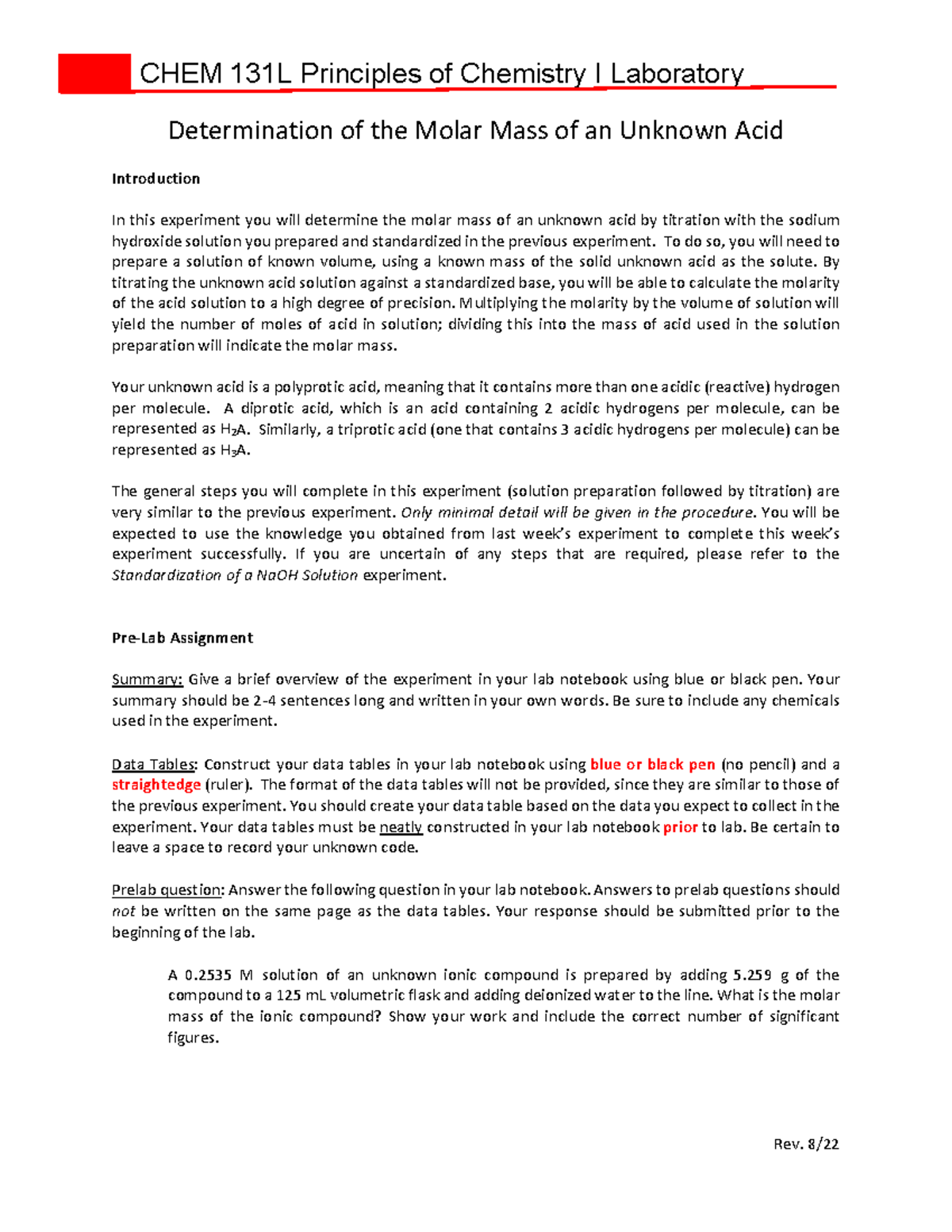 CHEM 131L: Molar Mass Determination of Unknown Acid Lab Report - Studocu