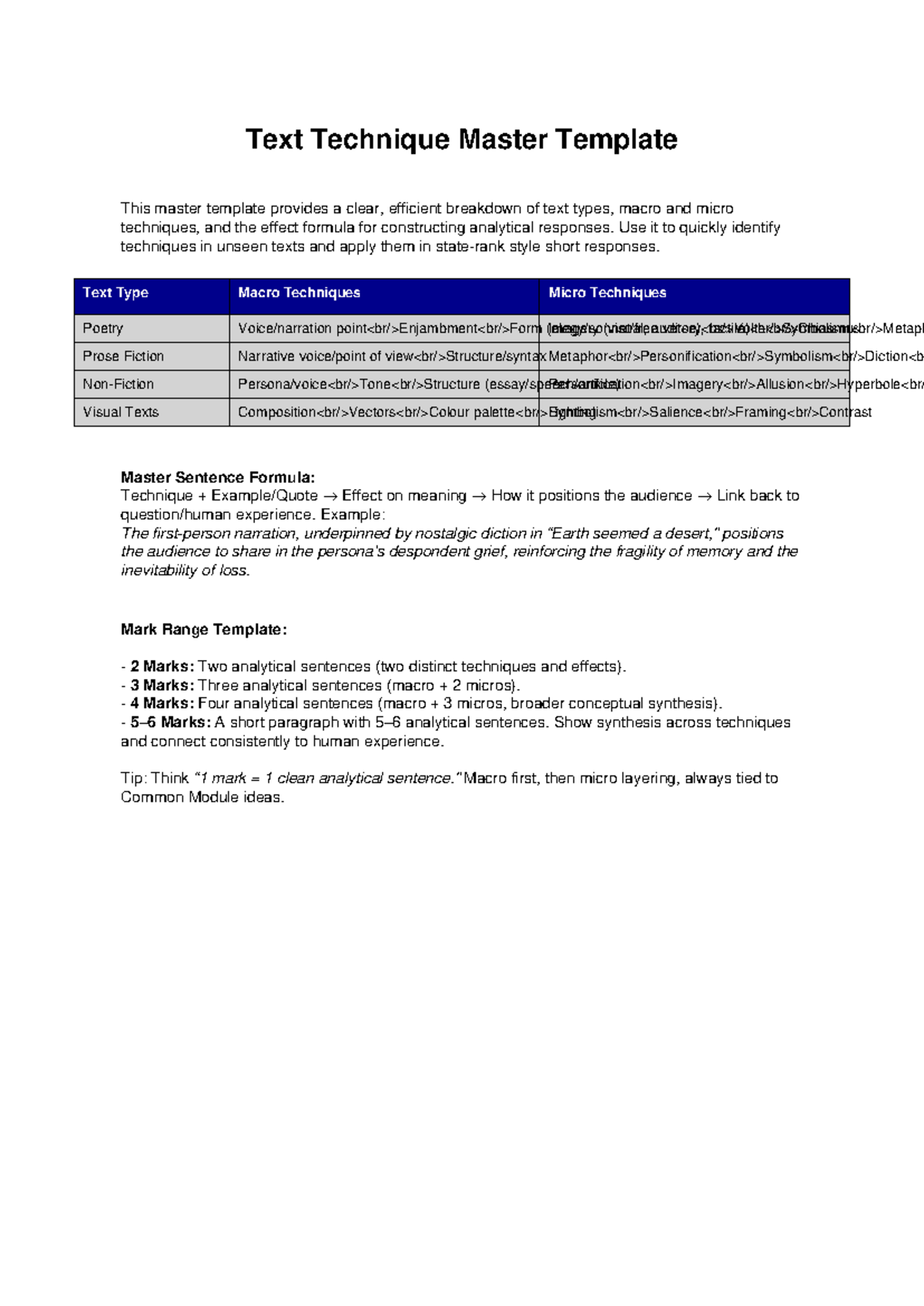 Text Technique Master Template: Analytical Response Guide - Studocu