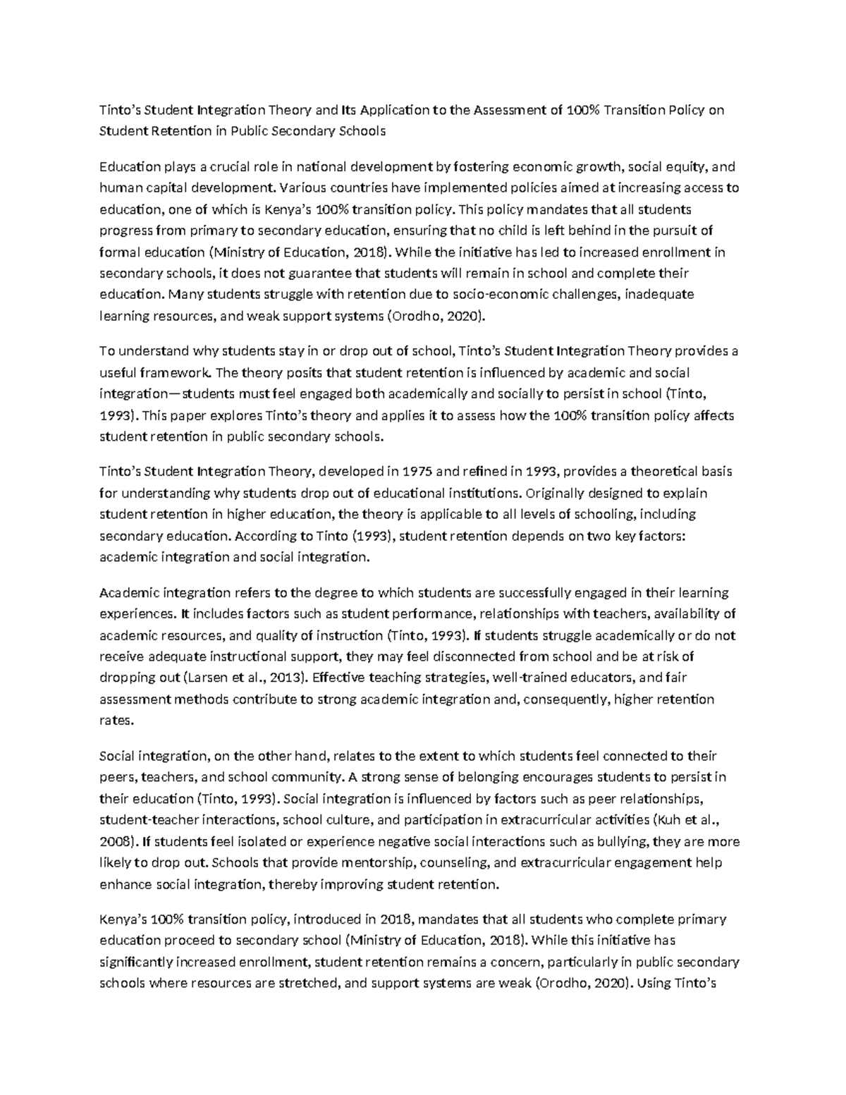 Tinto's Student Retention Theory & Transition Policy Impact in Sec ...