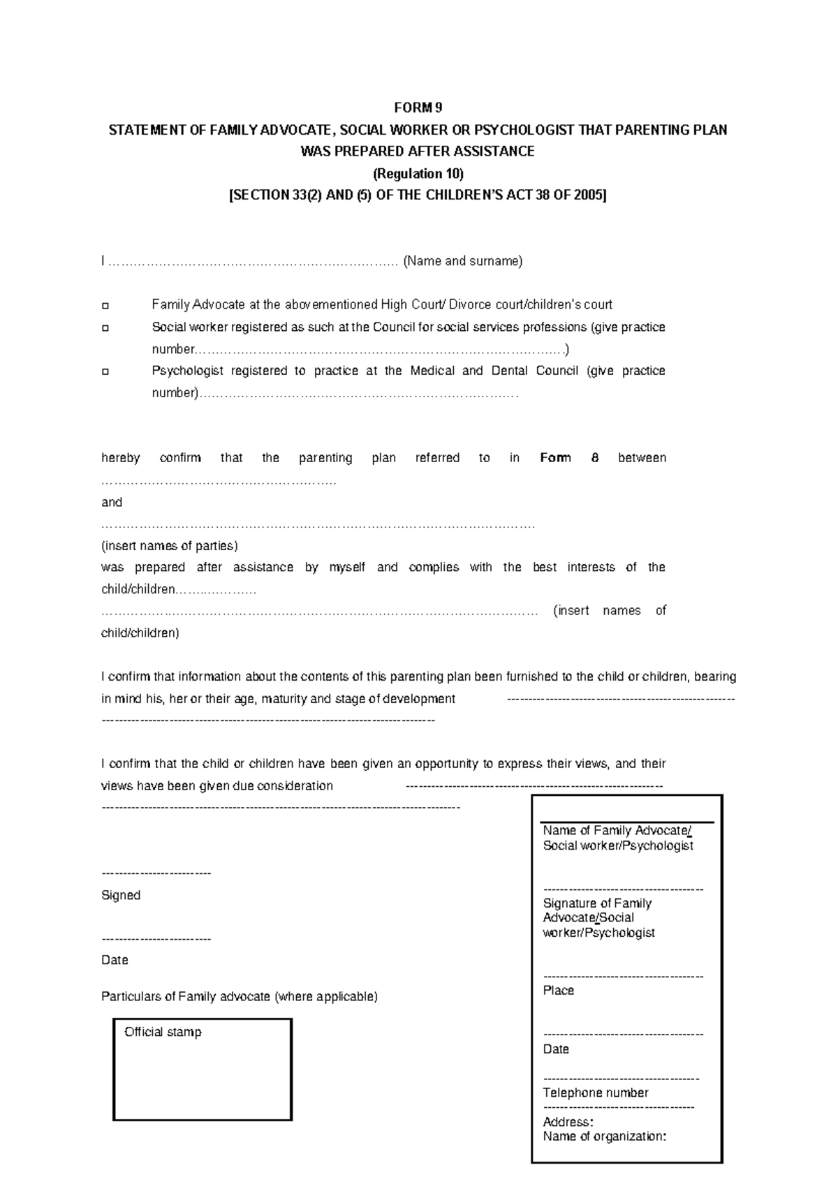 Form 9 - Parenting Plan Statement Post-Mediation (s33(2) & (5) of ...
