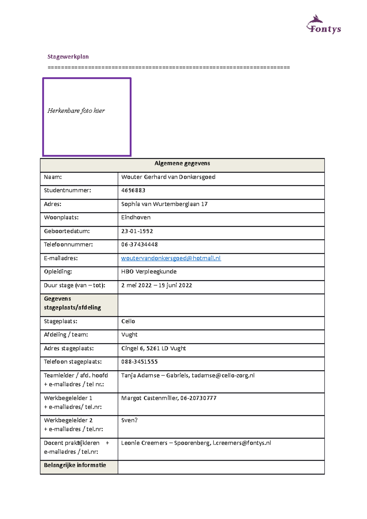 Stagewerkplan HBO Verpleegkunde: Persoonlijke Leerdoelen & Reflecties ...