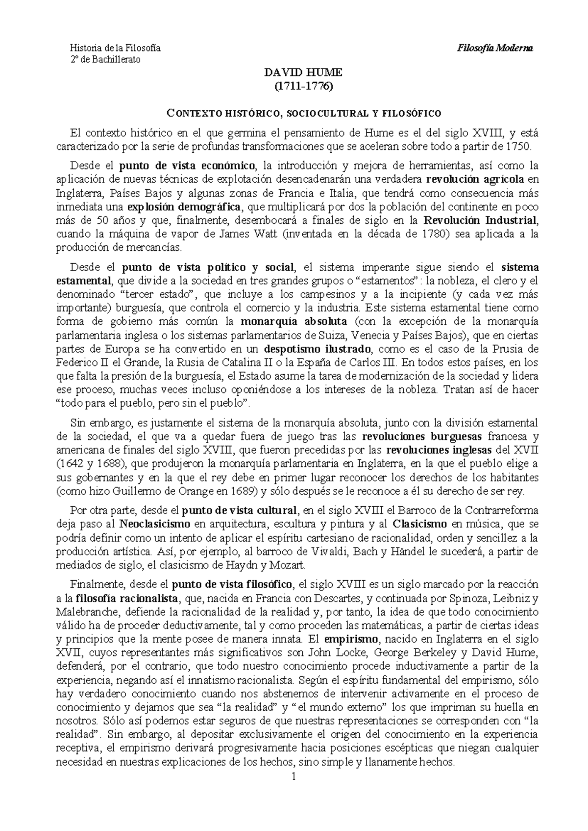 Resumen de la Filosofía de David Hume - 2º Bachillerato Filosofía - Studocu