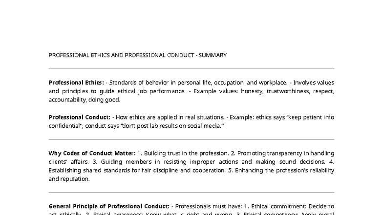 PROF 101: Summary of Professional Ethics and Conduct Principles - Studocu