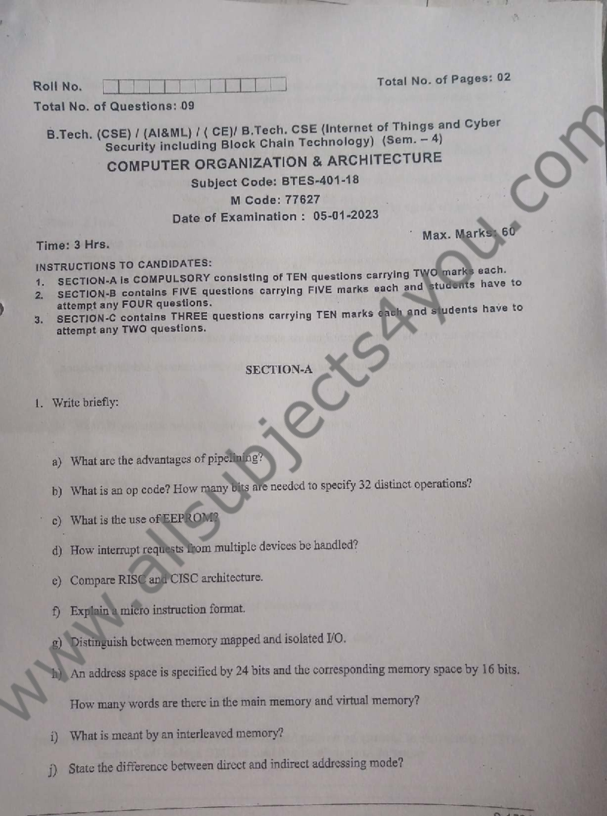 COA Previous Year Exam Paper: M Code 77627 - B.Tech. CSE - Studocu
