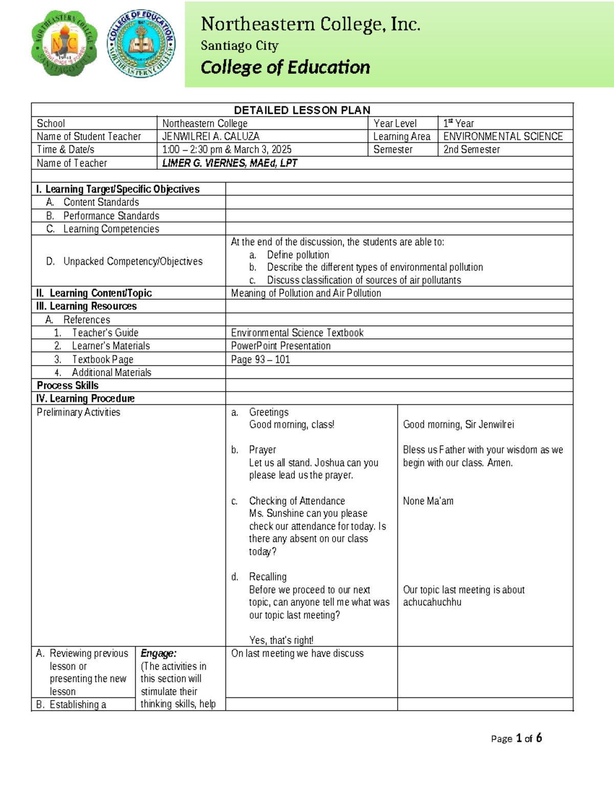 Northeastern College ENVIRONMENTAL SCIENCE Lesson Plan (1st Year, 2nd ...