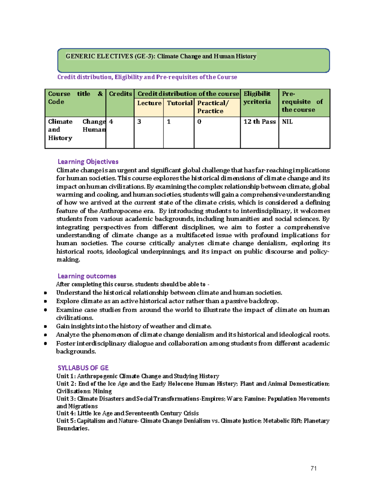 SEM-IV GE-3: Climate Change and Human History Course Syllabus - Studocu