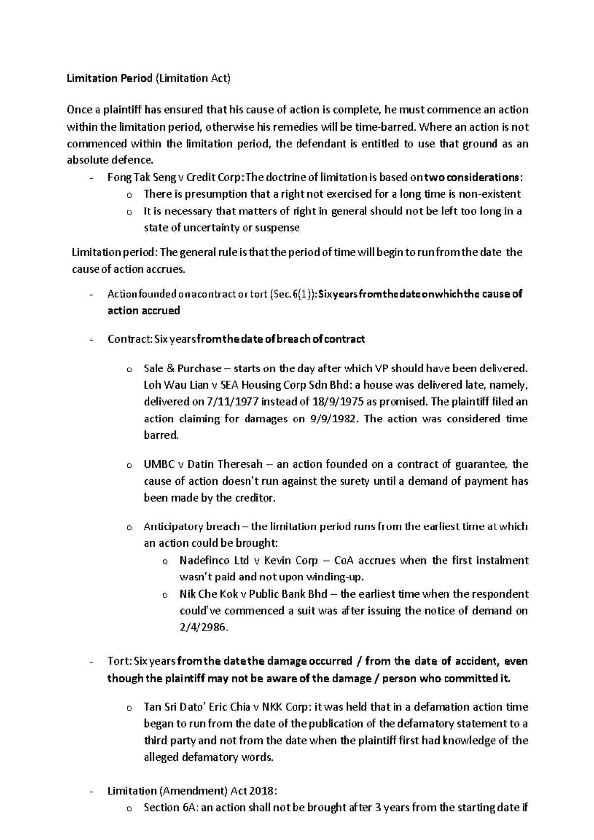 Limitation Period Overview - Lecture Notes on Limitation Act - Studocu