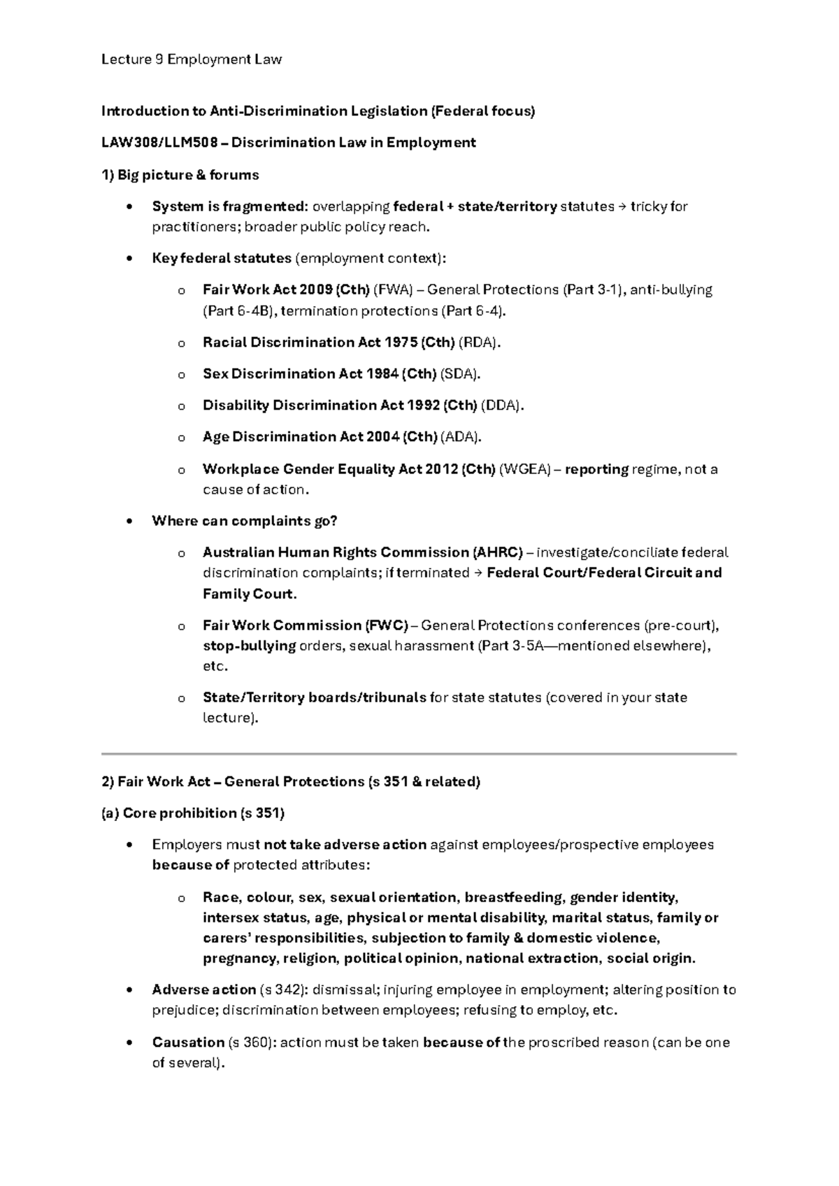 Lecture 9: Employment Law - Intro to Federal Discrimination Legislation ...