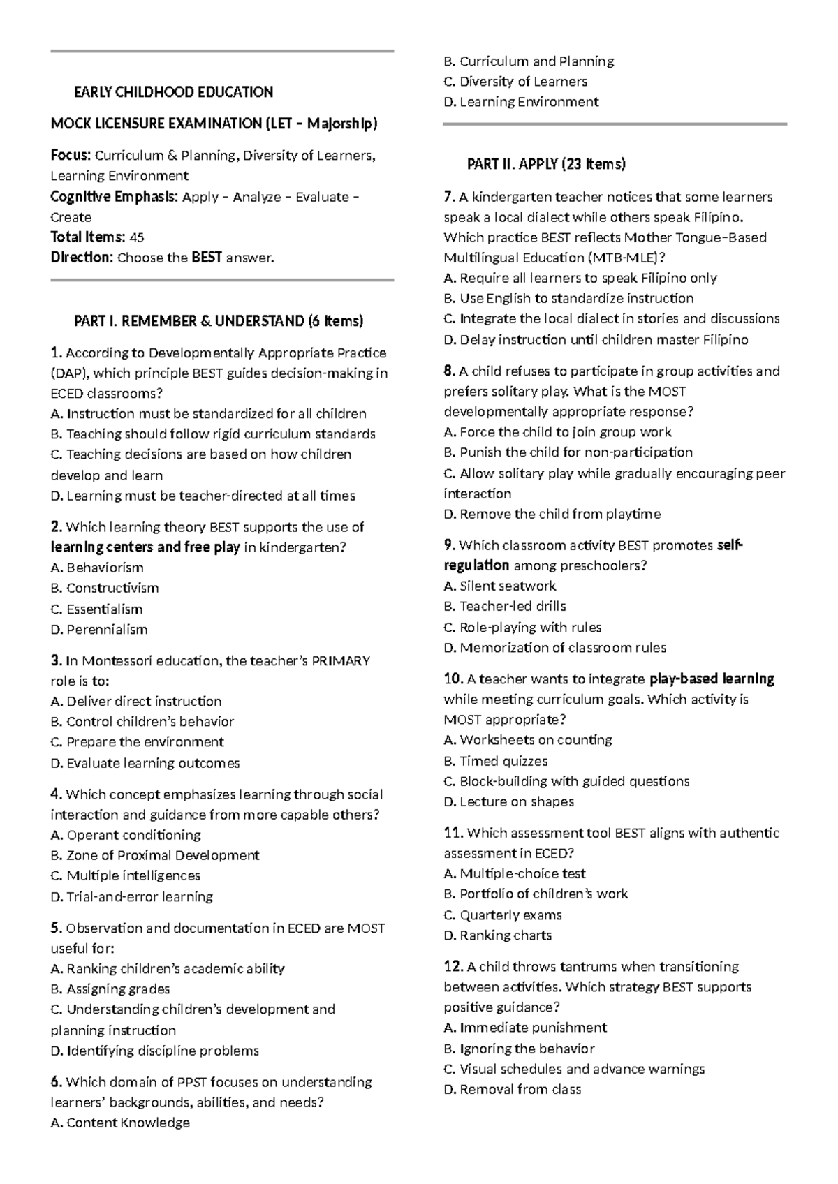 LET Mock Licensure Exam: Early Childhood Education Focus on Curriculum ...