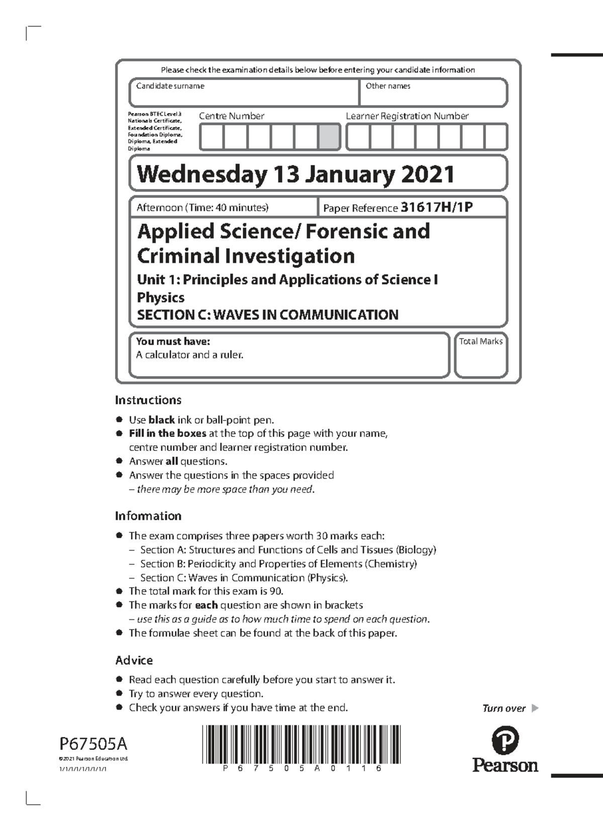 Question paper btec applied science 31617 h 1p unit 1 section c jan ...