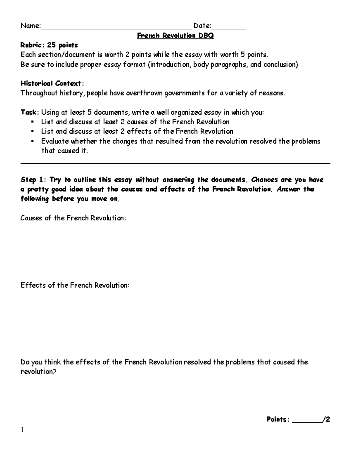 French Revolution DBQ Essay Outline & Grading Rubric Guide - Studocu