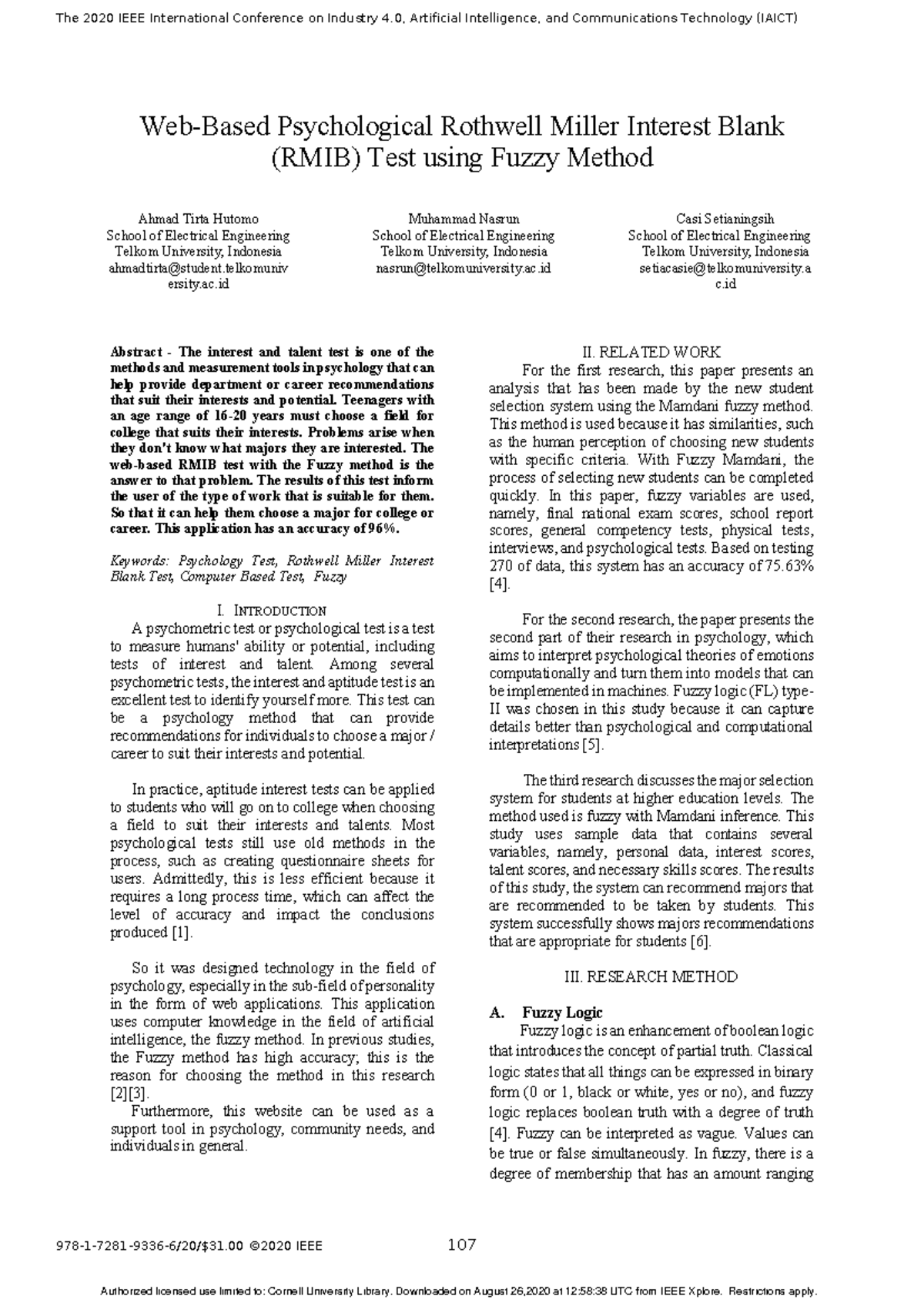 RMIB - Web-Based Psychological Interest Test with Fuzzy Logic - Studocu