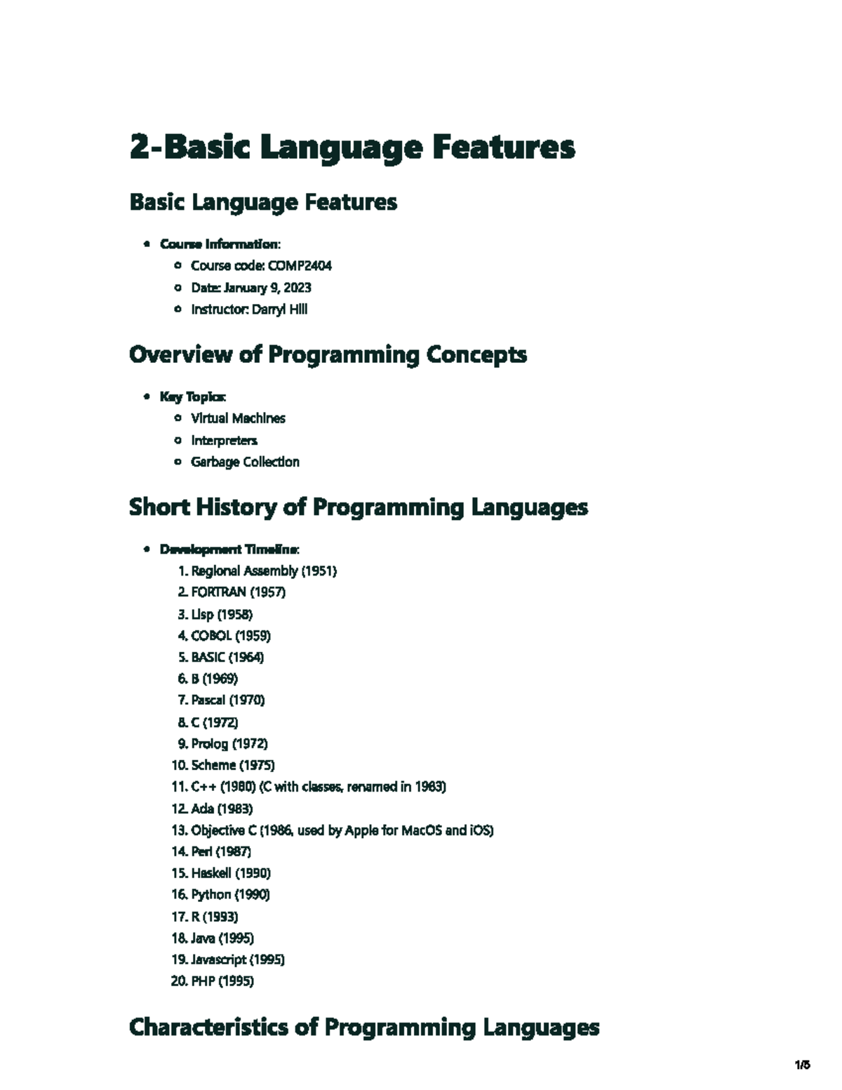 2404 - comp 2404 notes - 2 Basic Language Features Basic Language ...