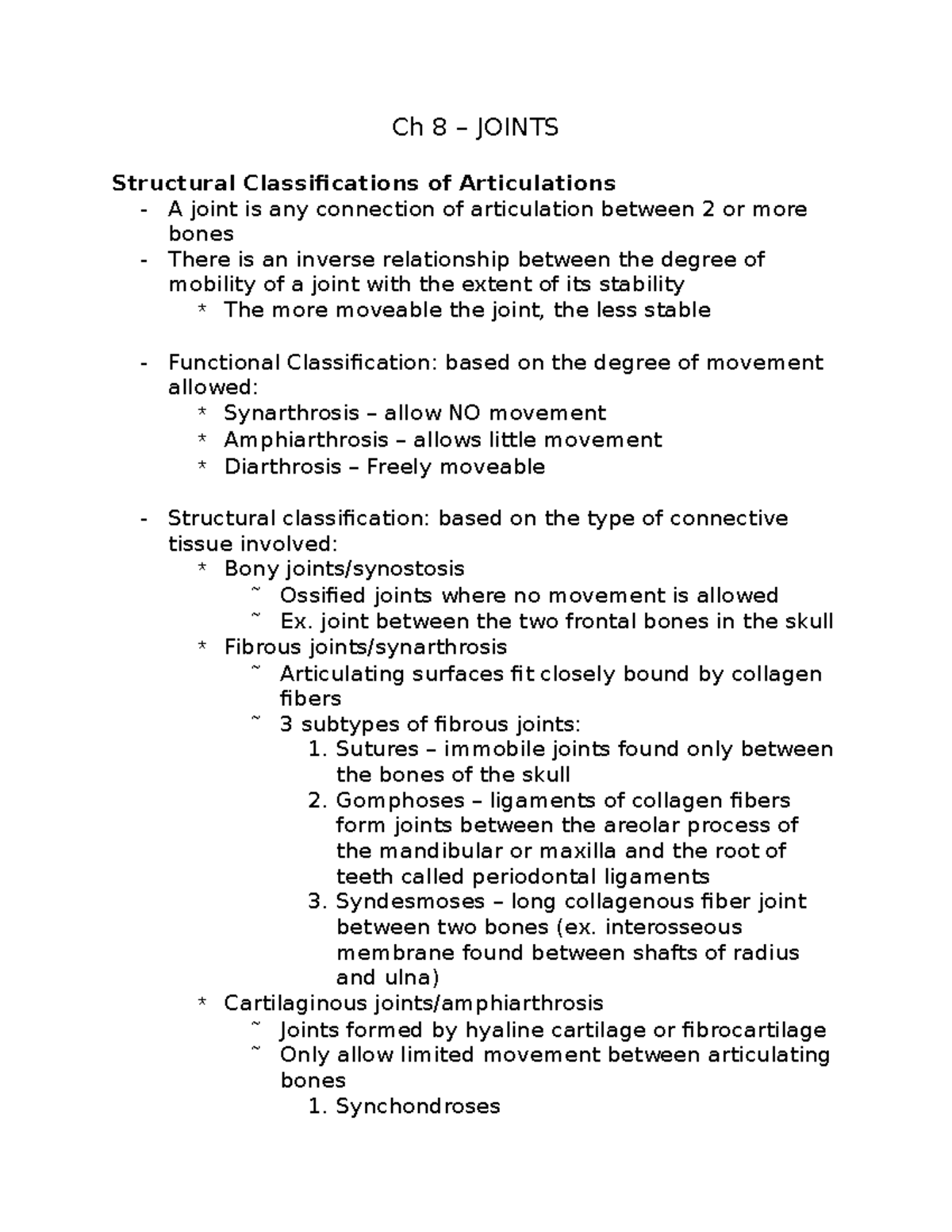 Ch 8 - Joints - Summary anatomy & physiology 1 - Ch 8 – JOINTS Structural Classifications of ...