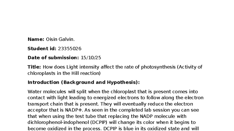 Lab Report 1: Impact of Light Intensity on Photosynthesis Rate (Plant ...