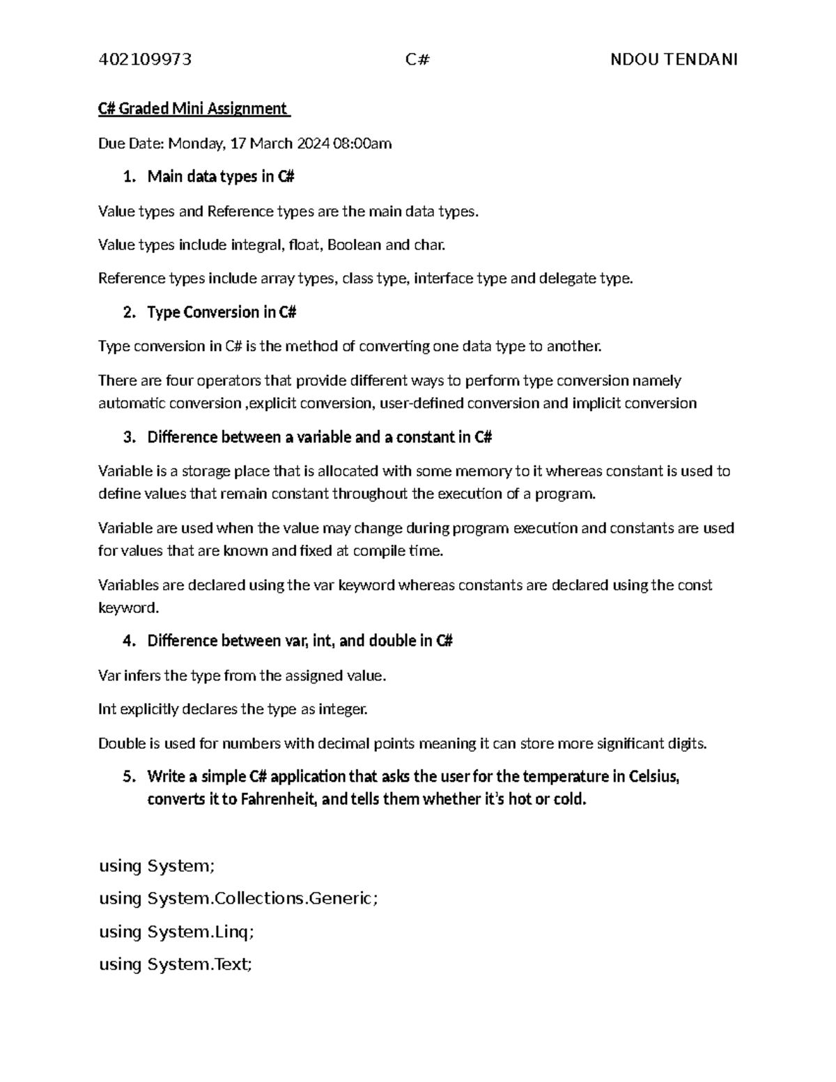 C# Graded Mini Assignment 402109973: Data Types & Conversion - Studocu