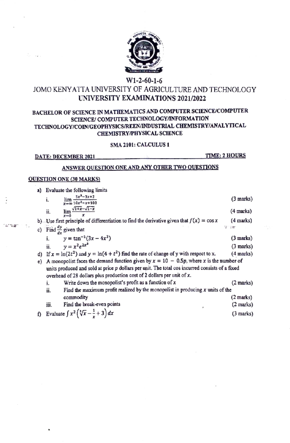 Calculus 1 Past Exam Paper - SMA 2101, December 2021 - Studocu