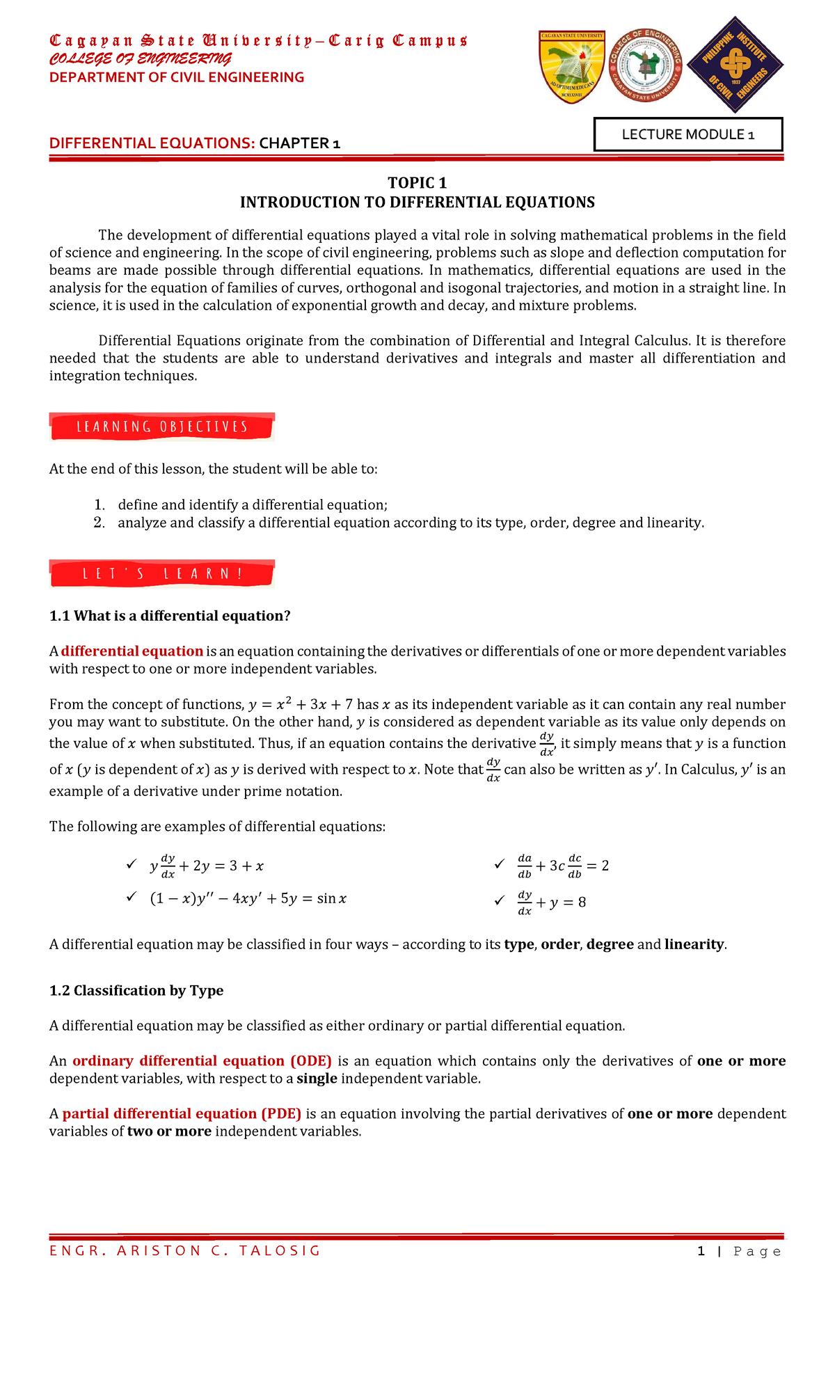 Differential Equations: Lecture Module 1 Overview and Concepts - Studocu