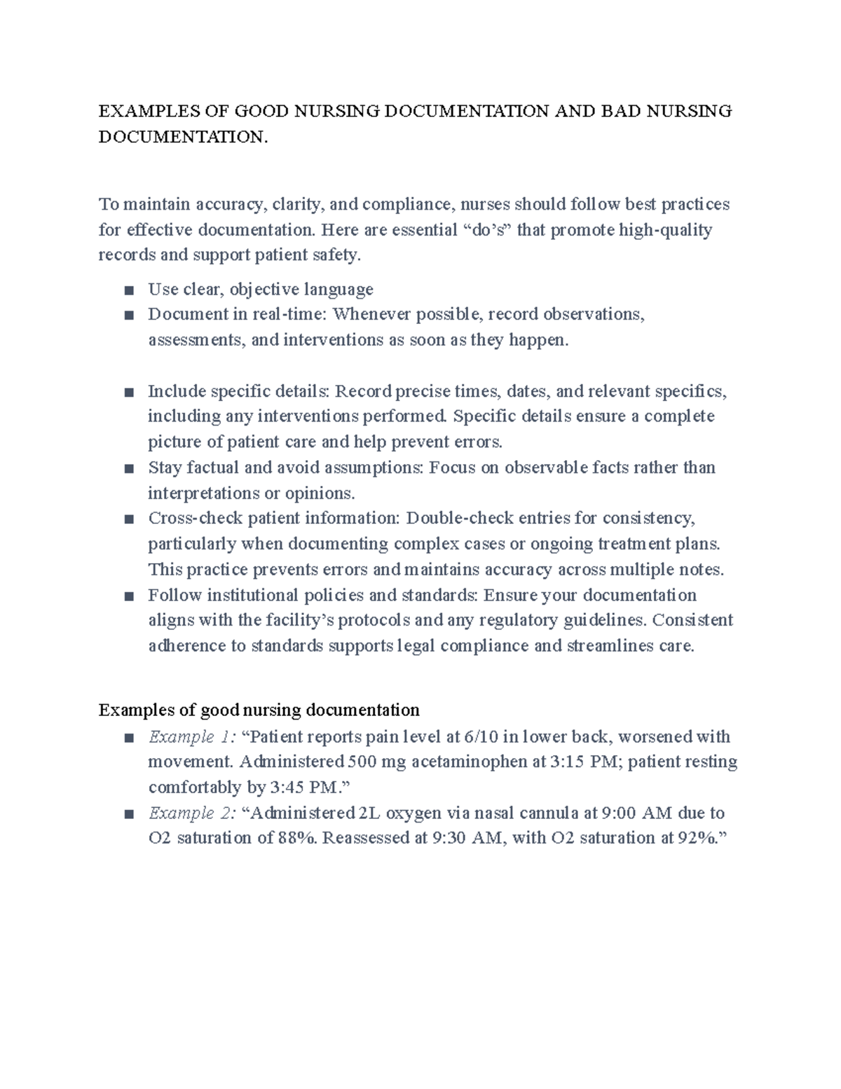 NUR 101: Good vs. Bad Nursing Documentation Practices - Studocu