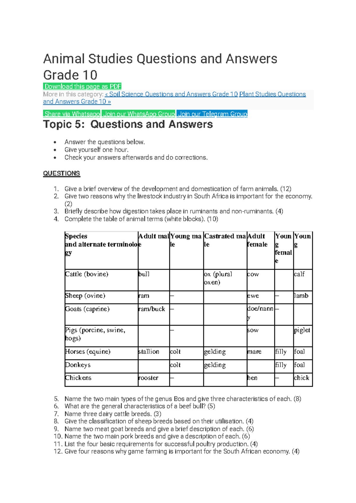 Grade 10 Animal Studies Q&A: Exam Prep and Key Concepts - Studocu