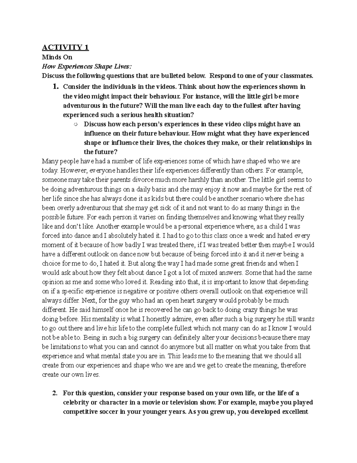 Unit 2 - Lecture notes 2 - ACTIVITY 1 Minds On How Experiences Shape ...