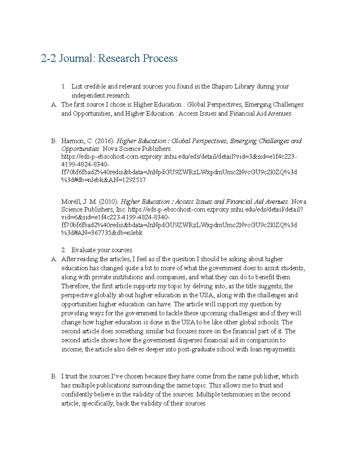 ENG 190 Mod 2 - Higher Education Research Process Journal Assignment ...
