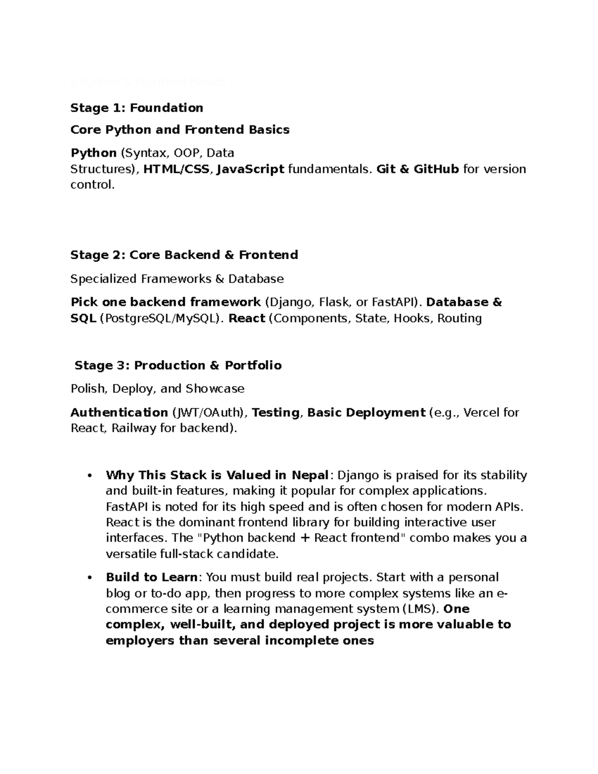 Python Frontend & Backend Development Roadmap (Stage 1-3) - Studocu
