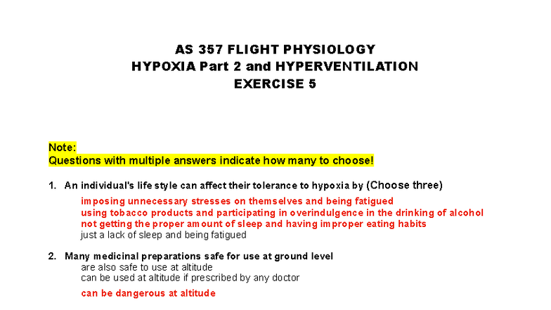 AS 357 FLIGHT PHYSIOLOGY EX 5: Hypoxia & Hyperventilation Notes - Studocu