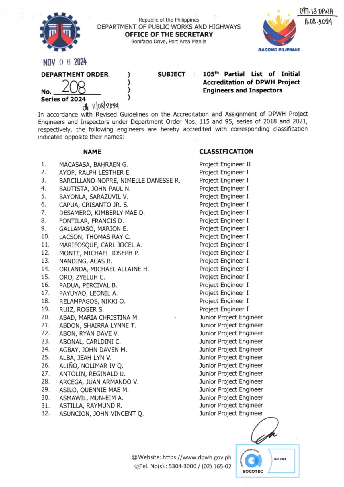 DO 208 s. 2024 - 105th Partial List of DPWH Project Engineers ...
