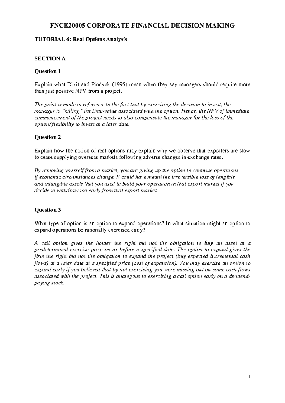 FNCE20005 Tutorial 6 Solutions: Real Options Analysis Insights 2024 ...