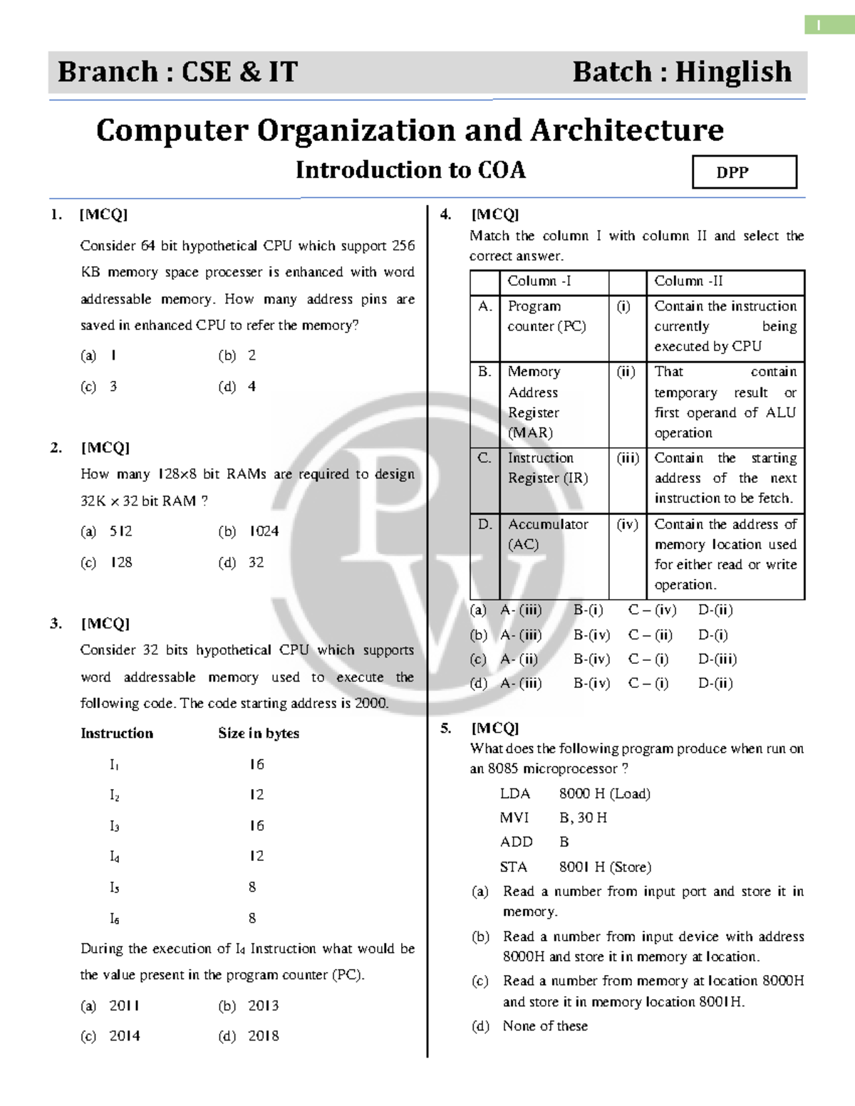 CSE IT Computer Organization and Architecture DPPs - Hinglish Batch ...