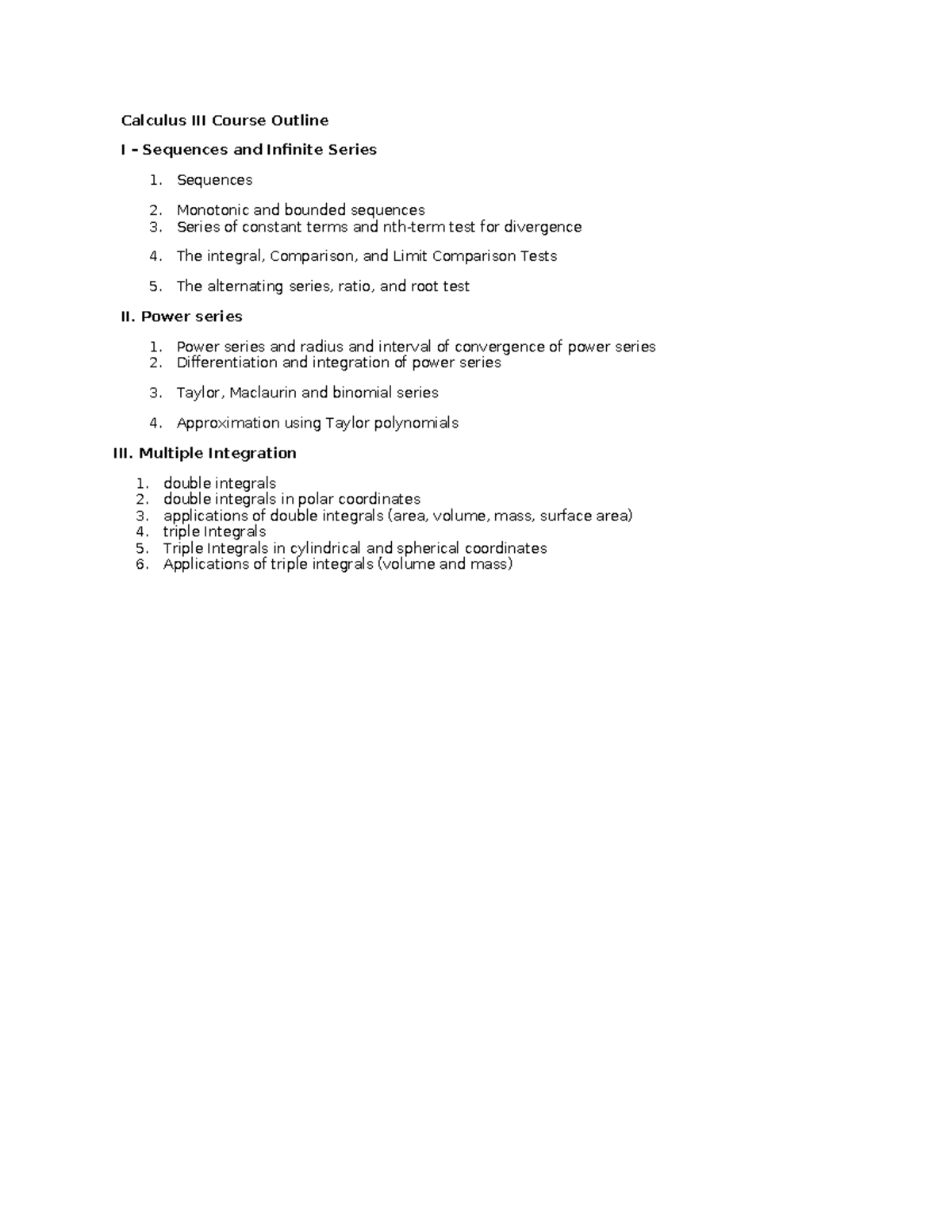 Calculus III Course Outline: Sequences, Series, and Integrals - Studocu