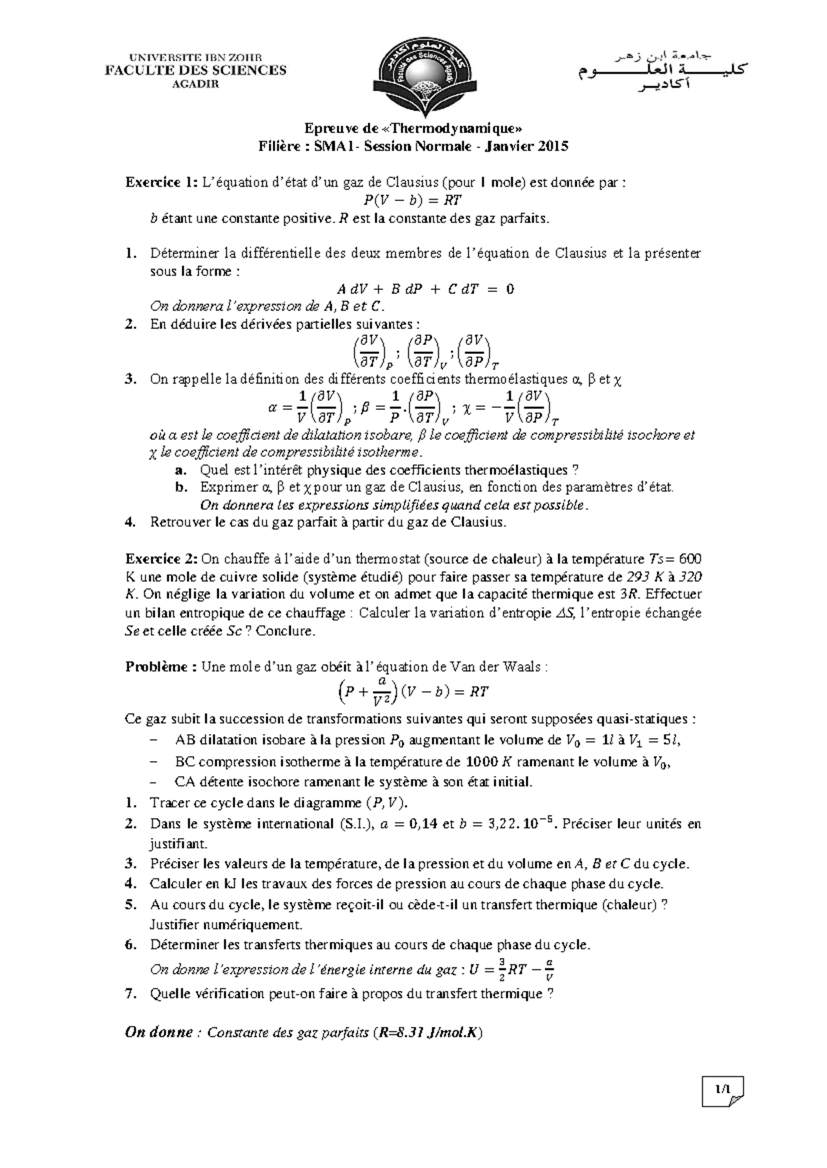Epreuve SN 2015 : Exercice sur les Gaz de Clausius et Thermodynamique ...
