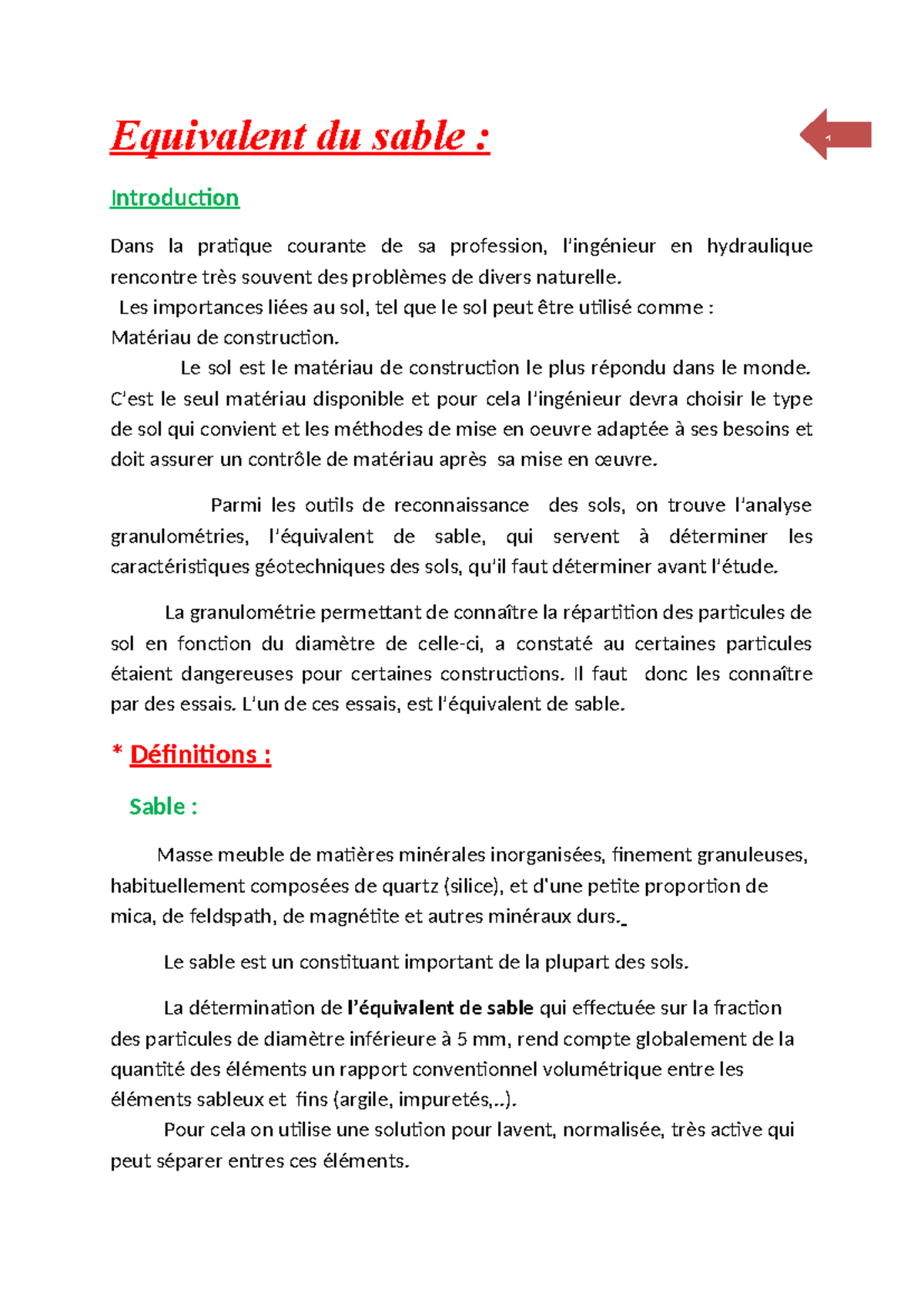 Corrigé TP: Détermination de l'Équivalent de Sable en Hydraulique - Studocu