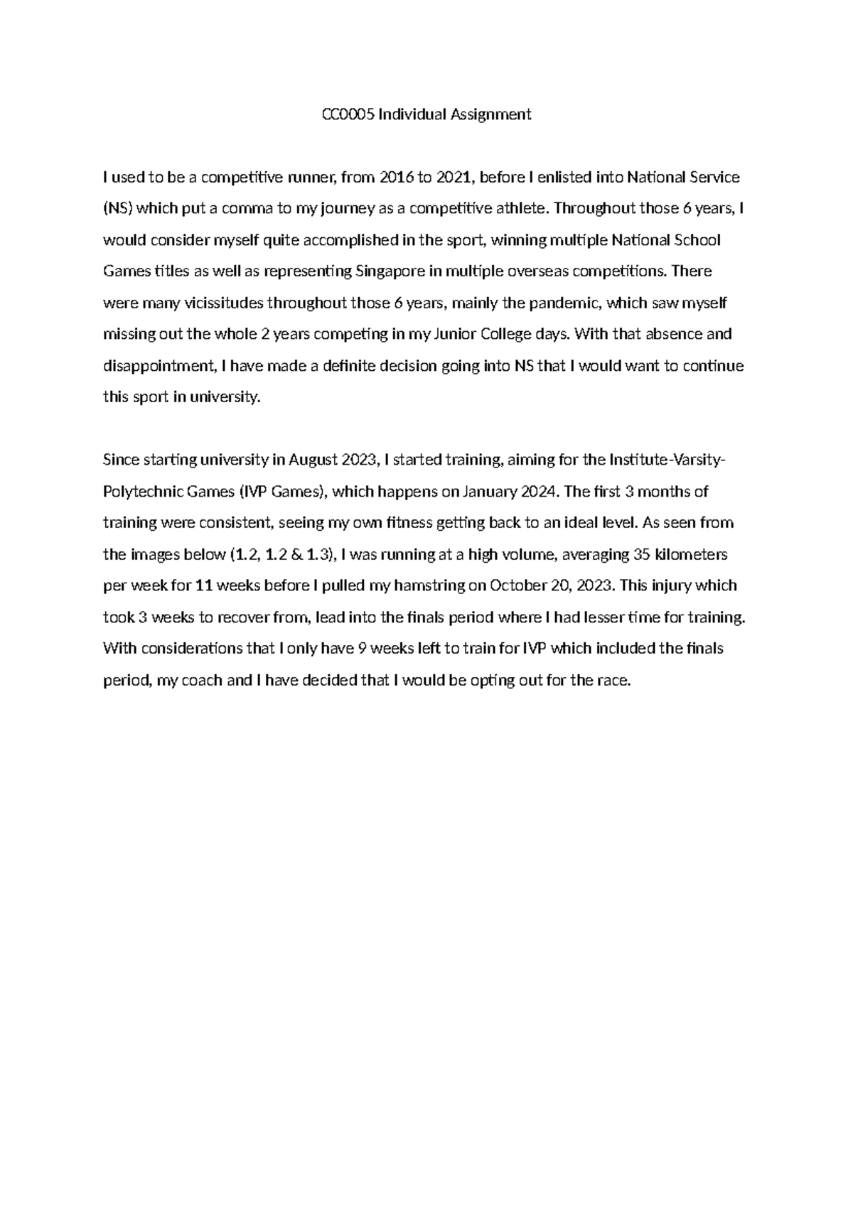 CC0005 Individual Assignment: My Journey as a Competitive Runner - Studocu