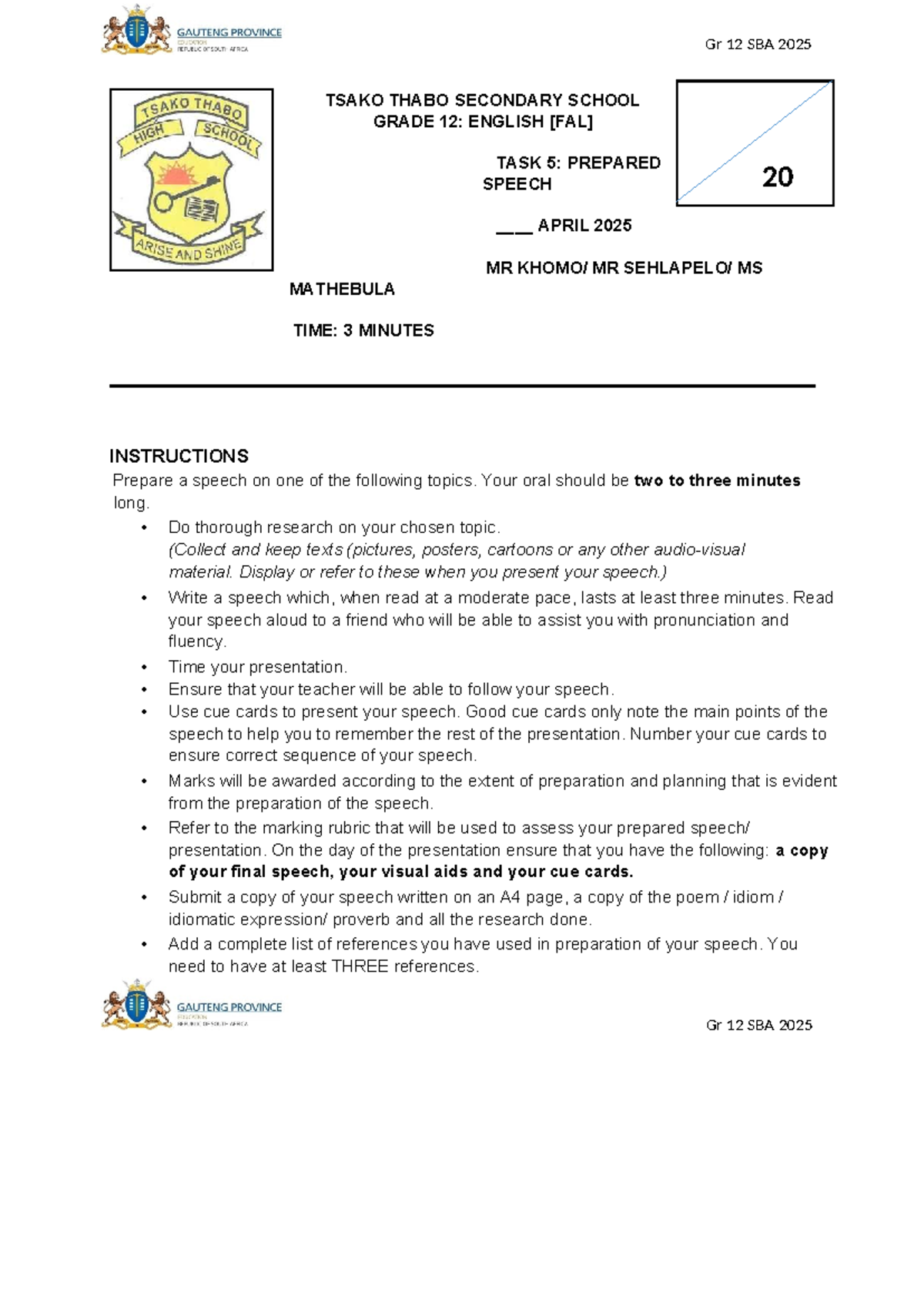 Gr 12 English task 5: Prepared speech guidelines and topics for 2025 ...